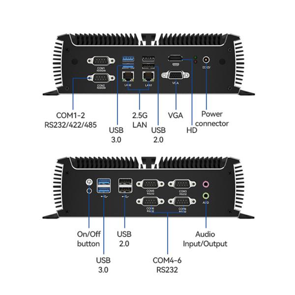 Black Fanless Industrial PC Mini Computer Intel Core Dual LAN Dual Display Asynchronous Output 1135G7U