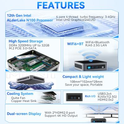 China 12th Gen N100 Processor Intel Mini PC DDR4 32GB With Single LAN Dual HDMI for sale