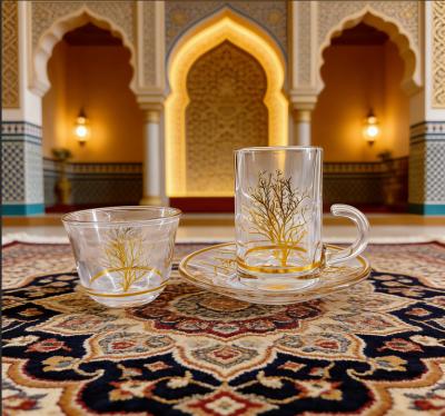 China 36Pcs Premium Glass Cup & Saucer Set | Elegant Gold Tree Pattern for Gifting & Daily Use for sale