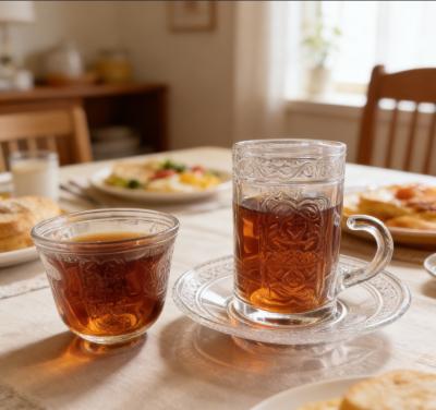China Heat Resistant Clear Glass Cups Sets Transparent With Saucers & Cawa Cups / Decorative Pattern for sale