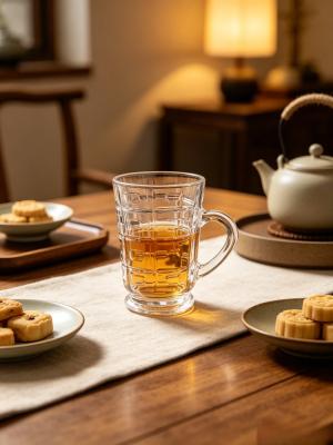 China Grid Pattern Glass Tea Mugs Set of 6pcs Turkish Cups 100ml Small Clear Handle Cups for sale