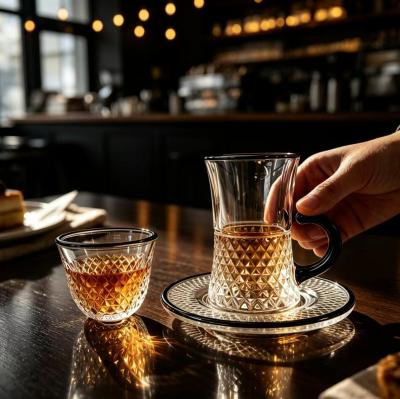 China Luxury Textured Clear Glass Tea Mug Coffee Cup Cawa Cup Saucer with Painted Rim&Handle for Afternoon Tea & Coffee for sale