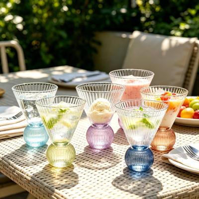 China High Quality Ribbed Ball Base Colored Cocktail Glass Cups Vintage Stemless Martini Glass Cups for Drinks Dessert Ice‑Cream for sale
