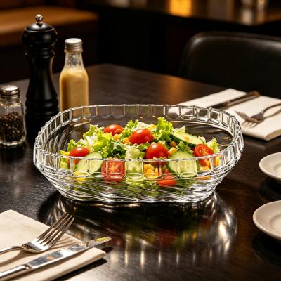 China High Quality Oval Wavy Textured Clear Glass Serving Bowl, Large Capacity Salad Fruit Bowl for Kitchen Dining Table for sale