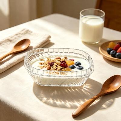 China Vintage Ribbed Transparent Glass Bowl, Elegant Rectangular Serving Bowl for Yogurt Cereal Fruit Salad Dessert for sale