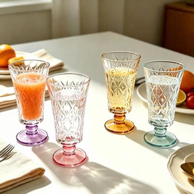 China Vintage Embossed Glass Goblets, Elegant Colored Diamond Cut Drinking Glasses for Juice, Wine, Party Table Decor for sale