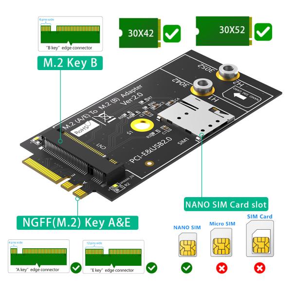Quality M.2 Key B to A+E Adapter with NANO SIM card Slot for 3G/4G/5G Module for sale