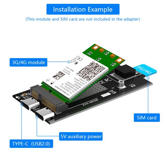 4G Wireless Mini PCI-E to USB Type C Adapter with components