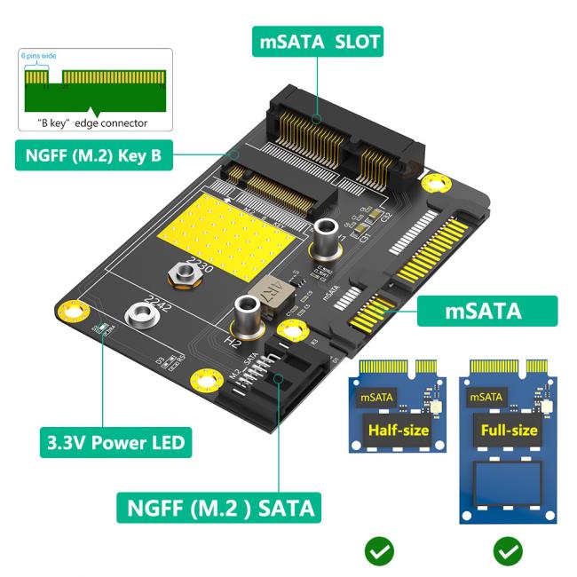SATA to NGFF M.2 B-Key MSATA adapter with SSD installed