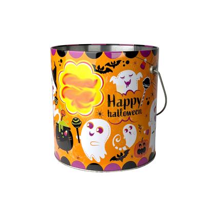 China FDA Cartoon Printed Tin Canister Handle Milk Flavored Hard Candy Storage Jar Cylindrical Metal Container for Lollipop Display for sale