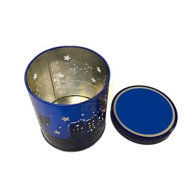China Stackable Storybook Tin Funny Tinplate Cylinder Chapter Themed 3D Reliefs Perforated Windows Interactive Cookie Box Jar for Kids for sale