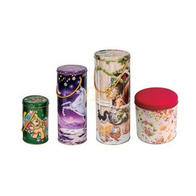 China 3D Flat Printing Tin Box Collectible Candy Storage Weaving Rope Handle Empty Brushed Metal Surface Cylindrical Jar Canisers for sale
