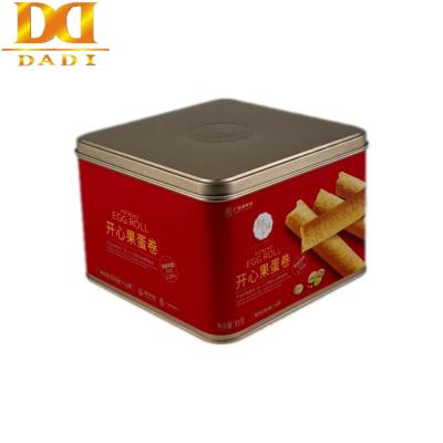 China OEM Square Custom Egg Roll Iron Tin Can Food Grade Metal Box for Snack Cookies Cakes Packaging for sale