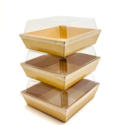 China Transparent Lid Square Paper Plastic Packaging Dessert Cake Snack Boxes Kraft Paper Box for sale