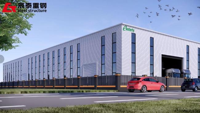 Steel structure workshop exterior view showing industrial design