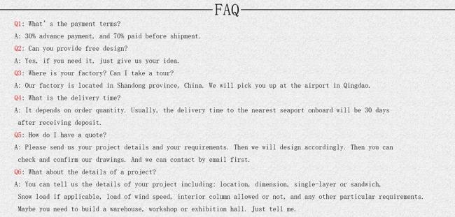 FAQ section with common questions about steel structure workshops