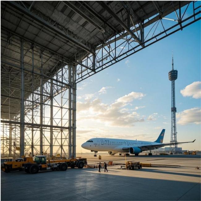 Interior view of prefab steel hangar with high ceiling