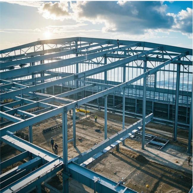 Interior view of steel hangar showing structural framework and spacious layout