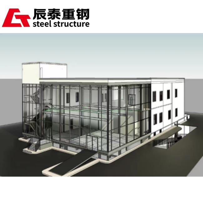 Steel structure car showroom exterior view showing spacious design