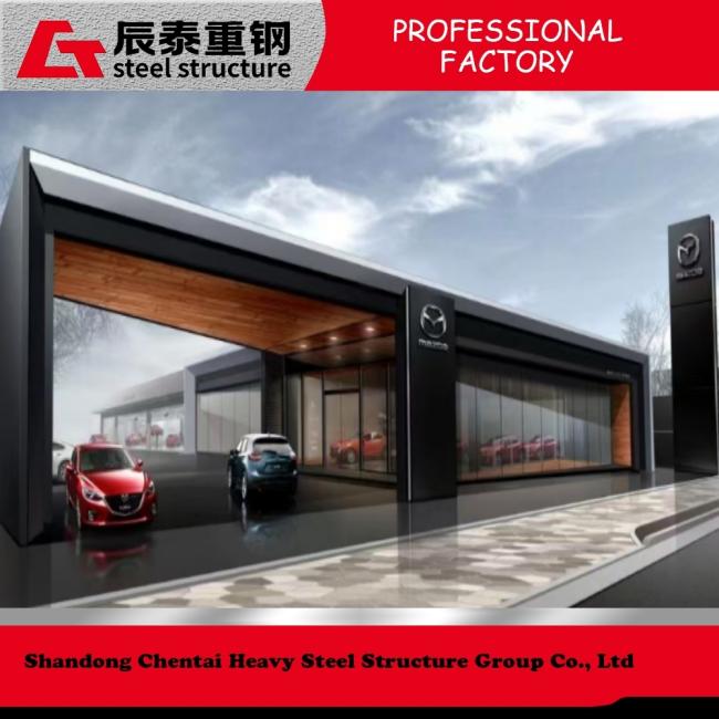 Interior of steel structure car showroom with multiple vehicles on display