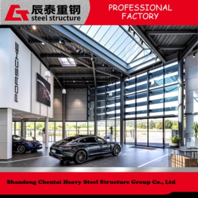 Completed steel structure car showroom with modern facade