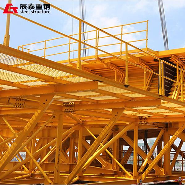 Close-up view of steel truss bridge connection points