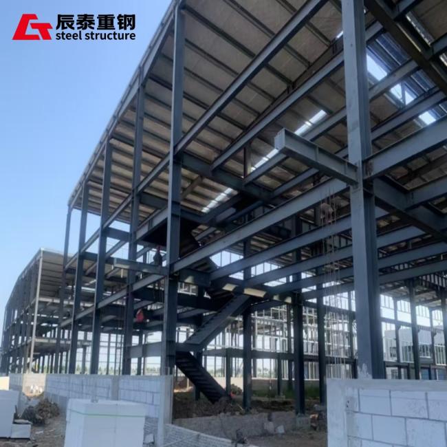 Double layer steel framed building exterior showing industrial design