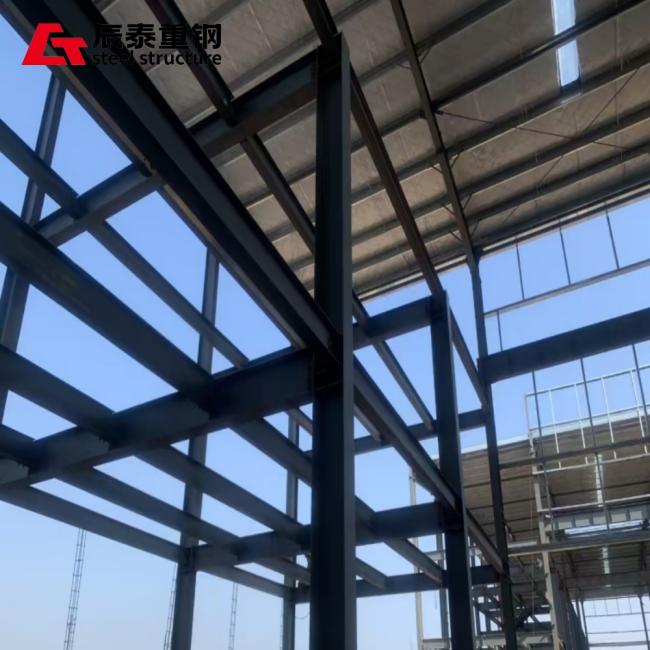 Interior view of steel framed building showing structural details