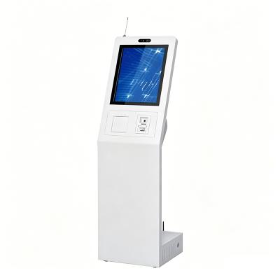 China 19-inch self-service queuing kiosk for bank ATMs with customizable dimensions. Equipped with SDK, optional barcode reader, NFC function and thermal printer. It can also be used as a payment terminal, for sale