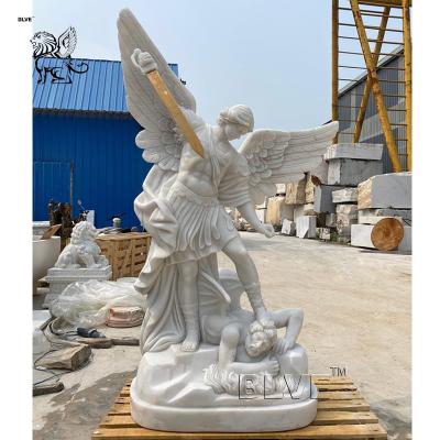 China White Marble Saint St Michael The Archangel Statue Life Size Religious Angel Garden Stone Sculptures for sale