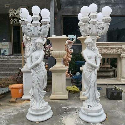 China Marble Woman Statues Sculpture Floor Lamp Life Size White Stone Carving Garden Decoration for sale