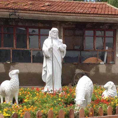 China White Marble Jesus Good Shepherd Statue Life Size Christian Religious Jesus Stone Sculpture With Lamb Outdoor Church for sale