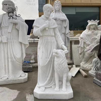 China White Marble Religious Saint Francis Sculpture Statues With Wolf Life Size Outdoor Hand Carved for sale