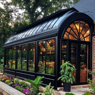 China Puerta de entrada de la sala de sol de vidrio de hierro forjado Invernadero impermeable de metal Villa Casa de decoración en venta