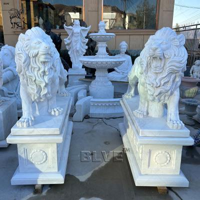 China White Marble Roaring Lion Statues Western Style Entrance Animal Sculpture Outdoor Villa for sale