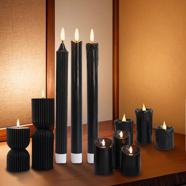 Quality Remote Timer Moving Flame LED Candles Eco Friendly Flameless Wax Pillar Candles Black for sale