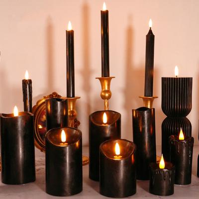 China 4 5 6 7 8 9 Inch Battery Operated Pillar Candles Black Flickering Flameless Wax Pillar Candles for sale