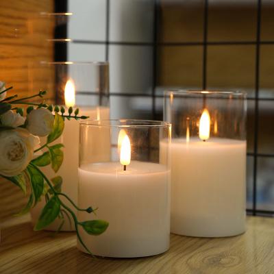 China Battery Powered Flickering Pillar Real Wax Glass Led Candle Light with Remote Control Moving Flame for Wedding Home Party Decor for sale