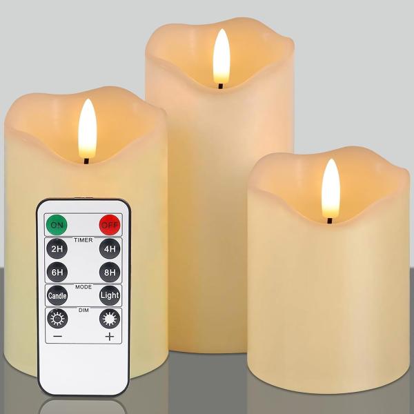 Quality Ivory White Real Wax Electric LED Pillar Flickering Flameless Candles Battery Operated with Remote Set of 3  D3 X H 4