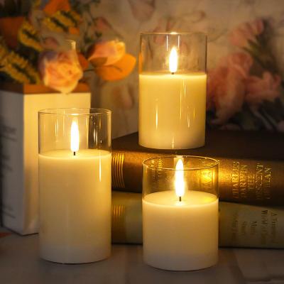China Set Of 3 LED Pillar Candles White Glass Flameless Candle OEM With Moving Flame for sale