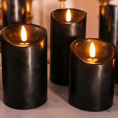 China Battery Powered 3d Flame Wick Flickering Black Real Wax Pillar Led Candle Light with Remote Control Timer for Home Decor for sale