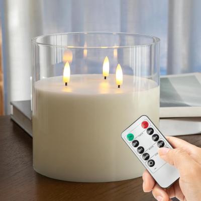 China 6X10'' Extra Large Flameless Glass Real Wax Battery Operated LED Candle with 3 Wicks Remote Control and Timer, White for sale