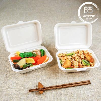 China Blister Eco Compostable Clamshell 3 Compartment Disposable Lunch Box Sugarcane Bagasse for sale