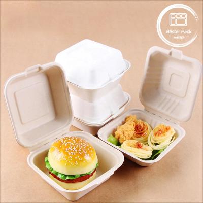 China Blister Eco Compostable Clamshell 3 Compartment Disposable Lunch Box Sugarcane Bagasse for sale