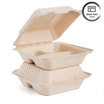 China Blister Eco Compostable Clamshell 3 Compartment Disposable Lunch Box Sugarcane Bagasse for sale