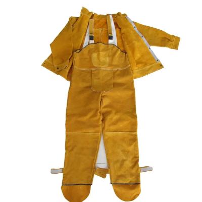 China Real Cow Leather Mens Heat Proof Electric Welding Workwear Workshop Uniforms Electrician Coveralls Coat Pants Protective for sale