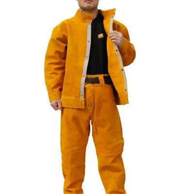 China Real Cow Leather Mens Heat Proof Electric Welding Workwear Workshop Uniforms Electrician Coveralls Coat Pants Protective for sale