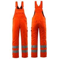 China Orange High Visibility Bib Overalls Men 65 Polyester 35 Cotton Work Pants Mechanic Trousers EN ISO 20471 Class 2 for sale