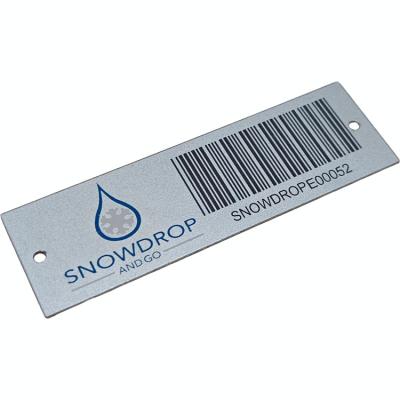 China Customizable Aluminum Labels With Blue Printed Barcode And Two Holes for sale