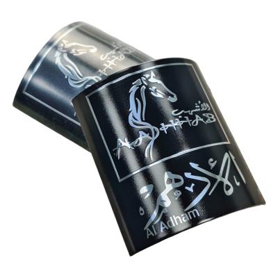China Custom Curved Perfume Label, Black Base With Mirror-Finish Logo for sale